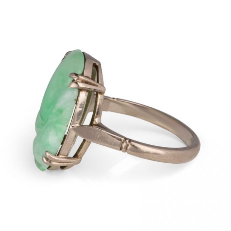 Original Art Deco Claw Set Carved Jade Ring, Avenue J Jewellery